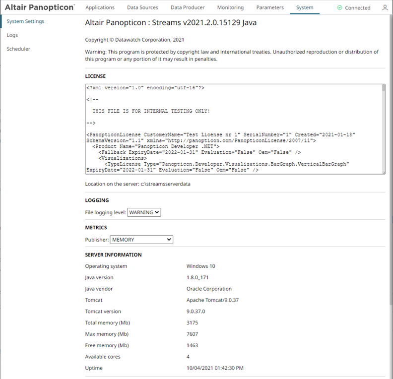 Altair Panopticon Streams Server Installation and Reference Help - [6] Managing the Streams System