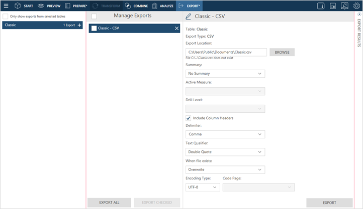Altair Monarch 2021.0 Help - Exporting a Summary in Data Prep Studio