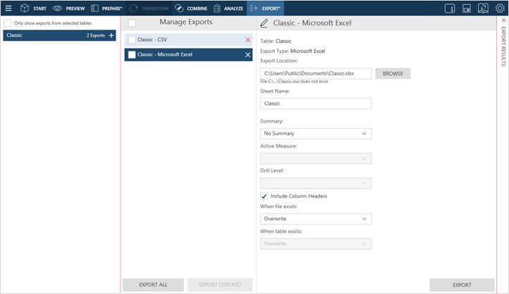 Altair Monarch 2021.0 Help - Exporting a Summary in Data Prep Studio
