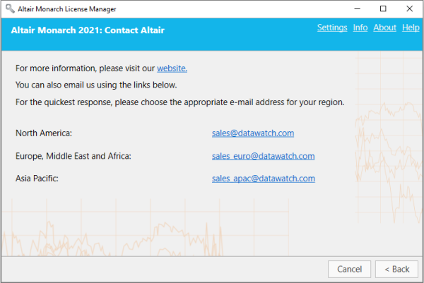 Altair Monarch 2021 License Manager Help - Contacting Altair Sales
