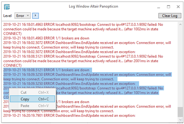 Altair Panopticon Designer Help - View Log Window