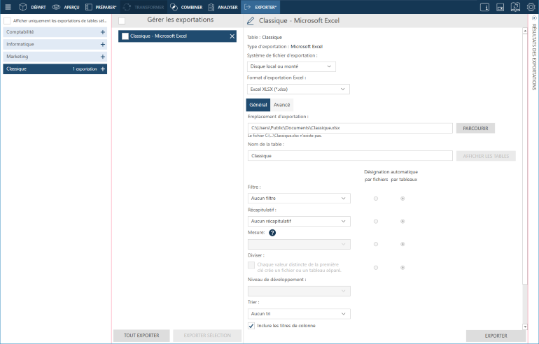 Exportation d’un récapitulatif dans Data Prep Studio