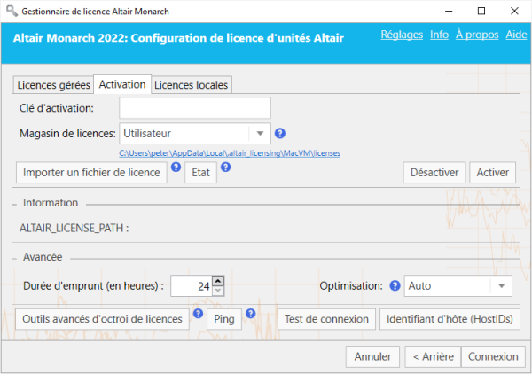 Aide du Gestionnaire de licence Altair Monarch - Clé d’activation