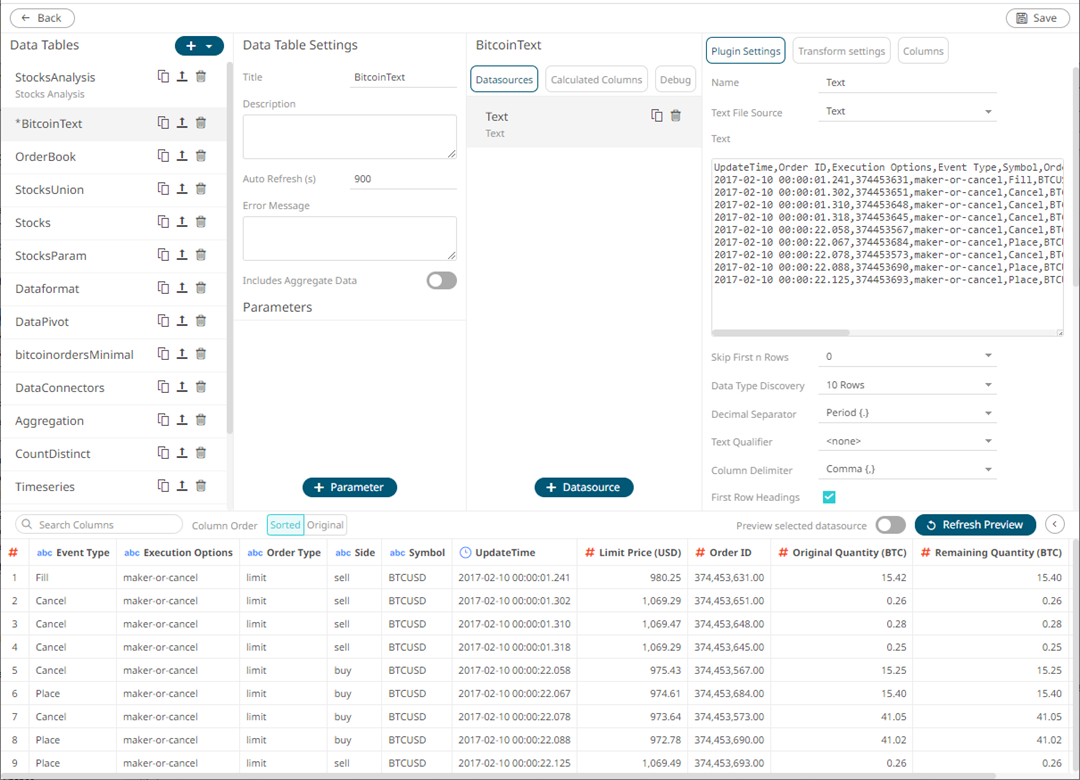 Altair Panopticon Web Authoring Help - Selecting a Data Table