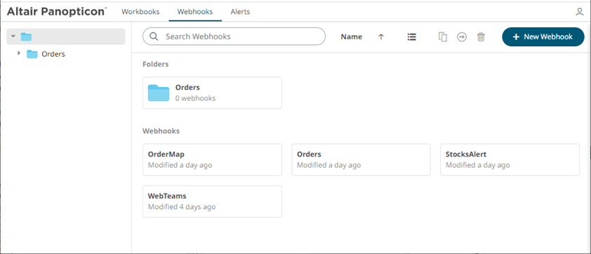 Altair Panapticon Client & Analyst Reference Help - Folders and Webhooks Display View