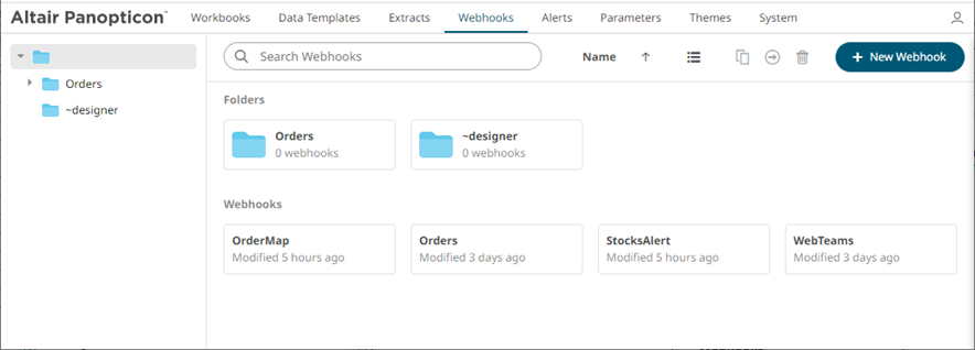Altair Panopticon Real Time Installation and Reference Help - Folders and Webhooks Display View