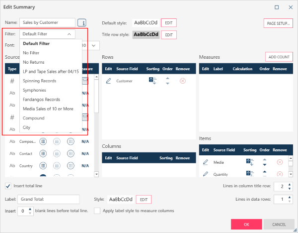 Selecting a Filter to Apply to Summaries