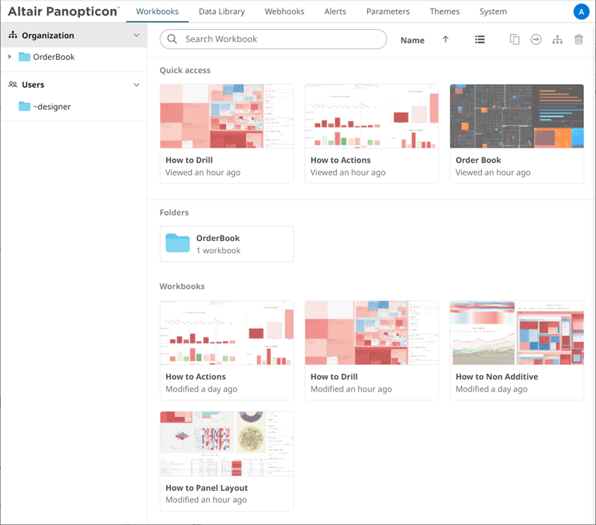 Altair Panopticon Real Time Installation and Reference Help - Folders and Workbooks Display View