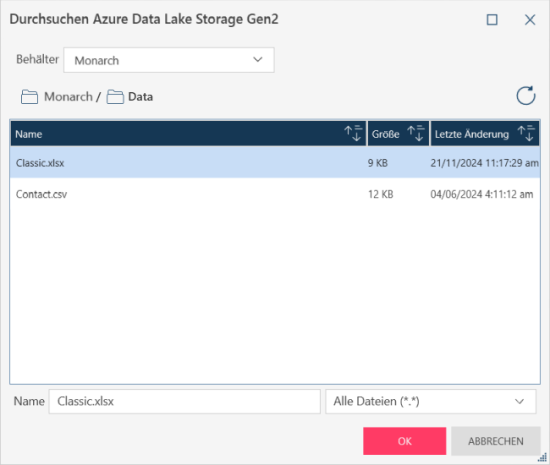 Das Connector-Dialogfeld für Azure Data Lake Storage